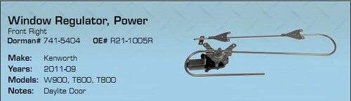 Kenworth T800, W900 Power Window Motor and Regulator Assembly 2009 - 2010