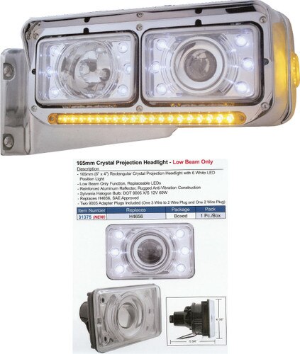 165mm CRYSTAL PROJECTION RECTANGULAR HEADLIGHT BULB WITH 6 WHITE LED ...